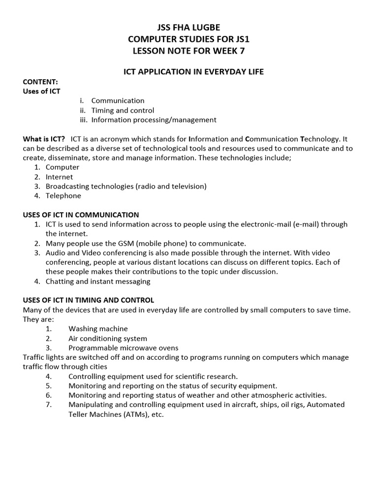 Ict Application in Everyday Life (Year 7) | PDF | Educational ...