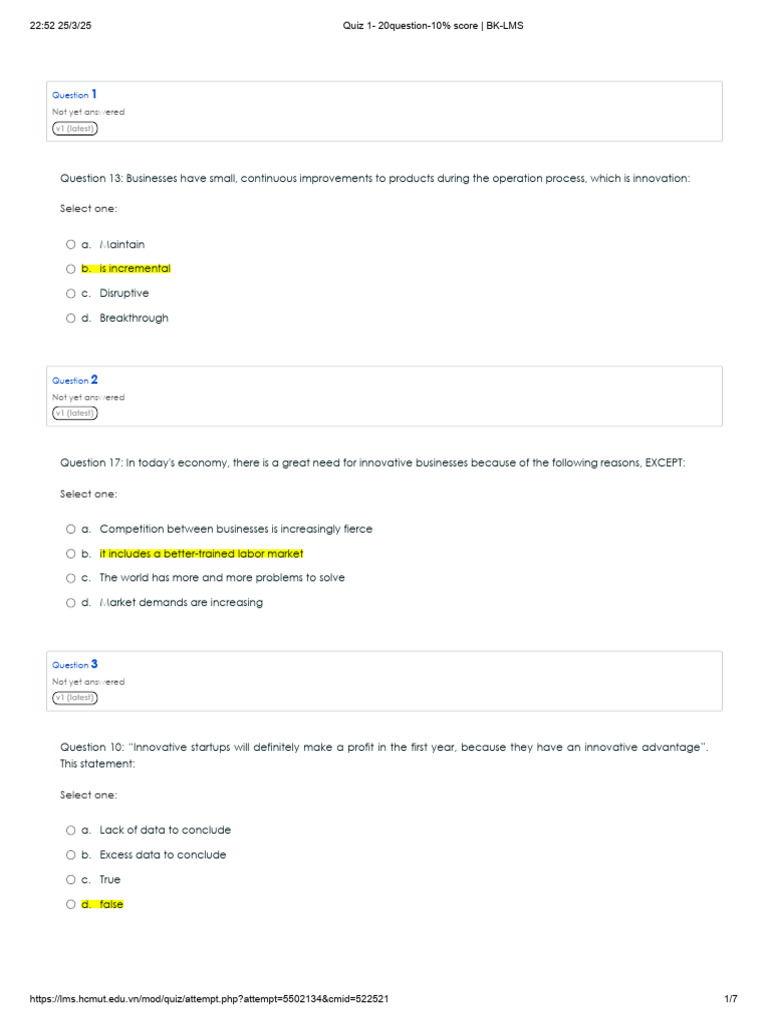 Quiz 1 20 Question English | PDF | Startup Company | Small Business ...