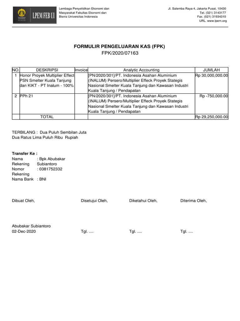 Formulir FPK - FPRK | PDF