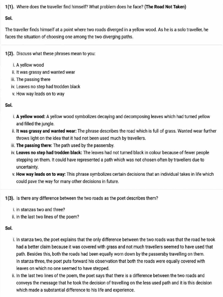 Poem 1. The Road Not Taken Textual Que Ans | PDF