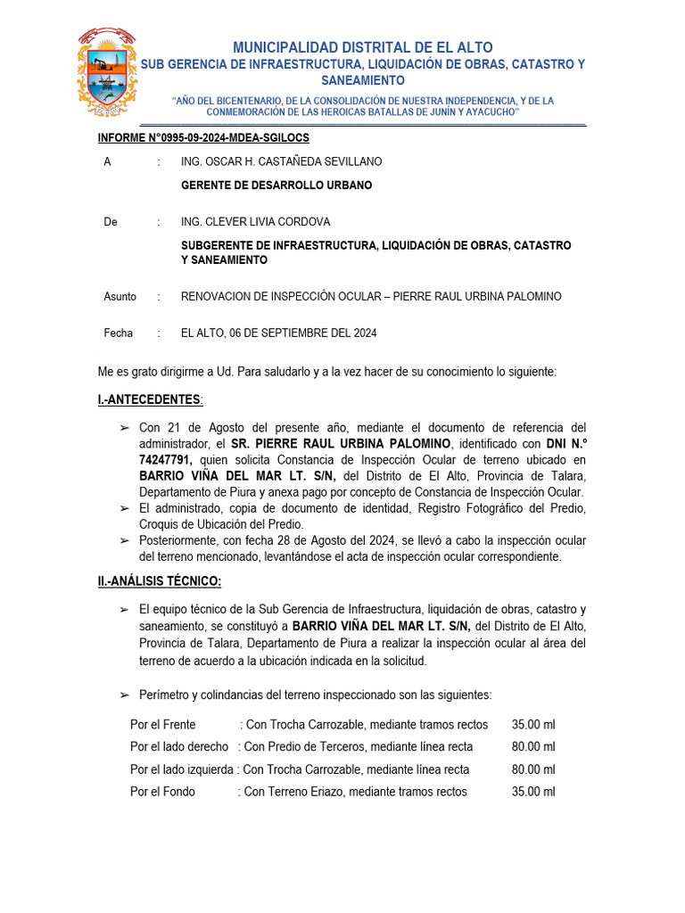 Informe Nº0995-Clc-2023 (Inspeccion Ocular-Pierre Urbina) | PDF