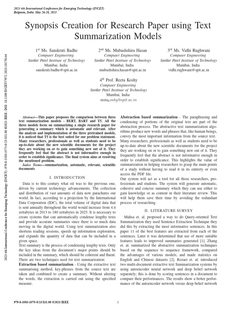 Synopsis Creation For Research Paper Using Text Summarization Models ...