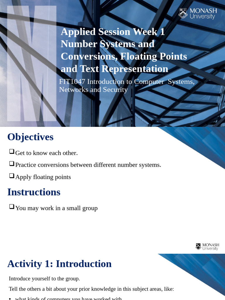 FIT1047 MA Applied Session Week 1 Solution Slides | PDF | Computer Memory | Bit