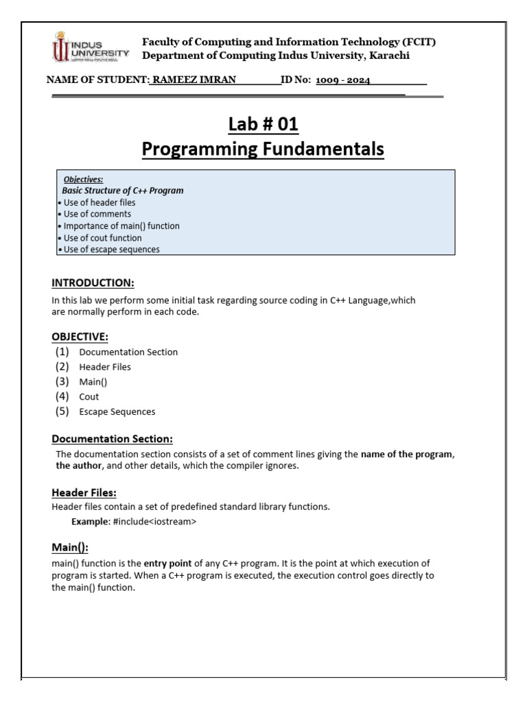 Lab # 01 Programming Fundamentals | PDF
