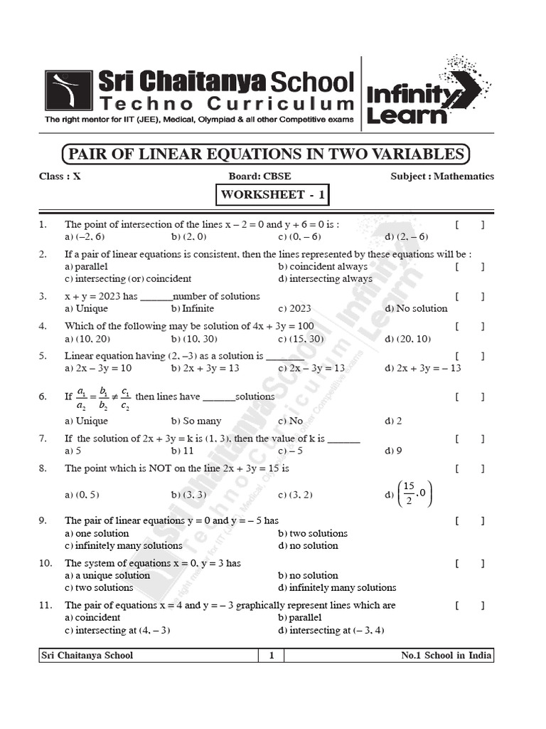 Class 10 Linear Equations Worksheet | PDF | Equations | Mathematics