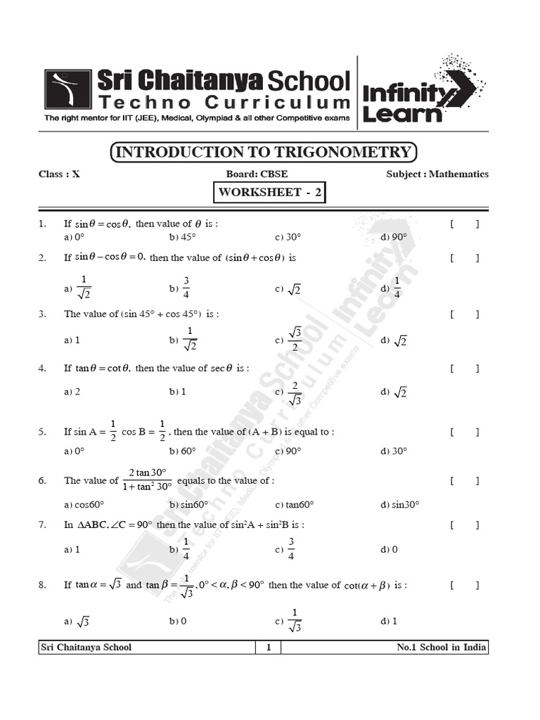 Introduction To Trigonometry Work Sheet - 2 | PDF | Trigonometry | Elementary Geometry