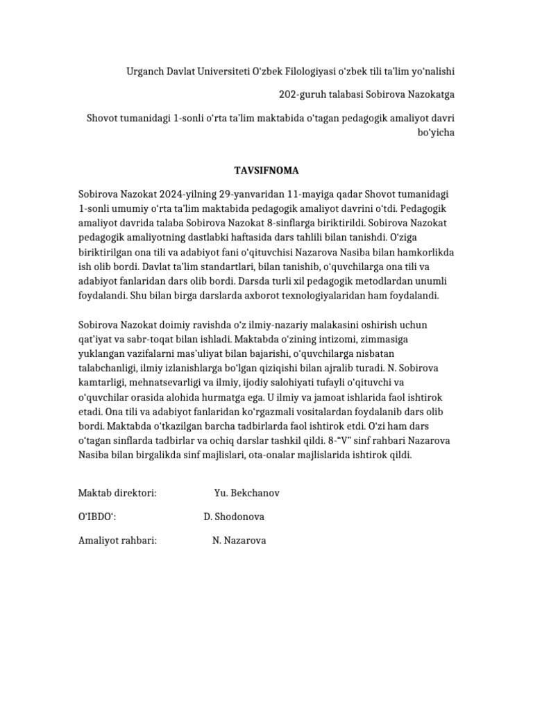 Tavsifnoma Sobirova Nazokat-1 | PDF