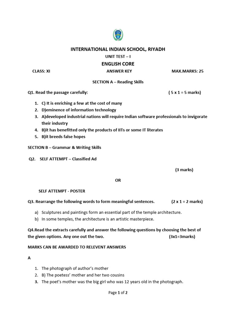 UT1 XI ENGLISH Marking Scheme 2025 | PDF