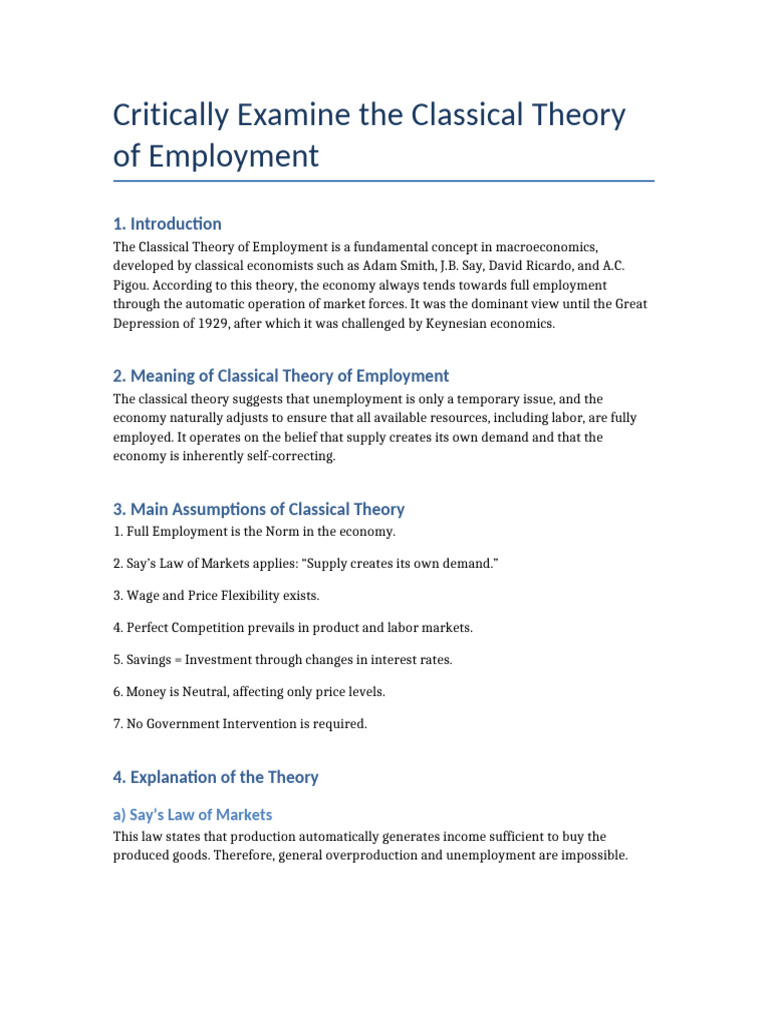 Critical Examination of Classical Employment Theory | PDF | Economics ...