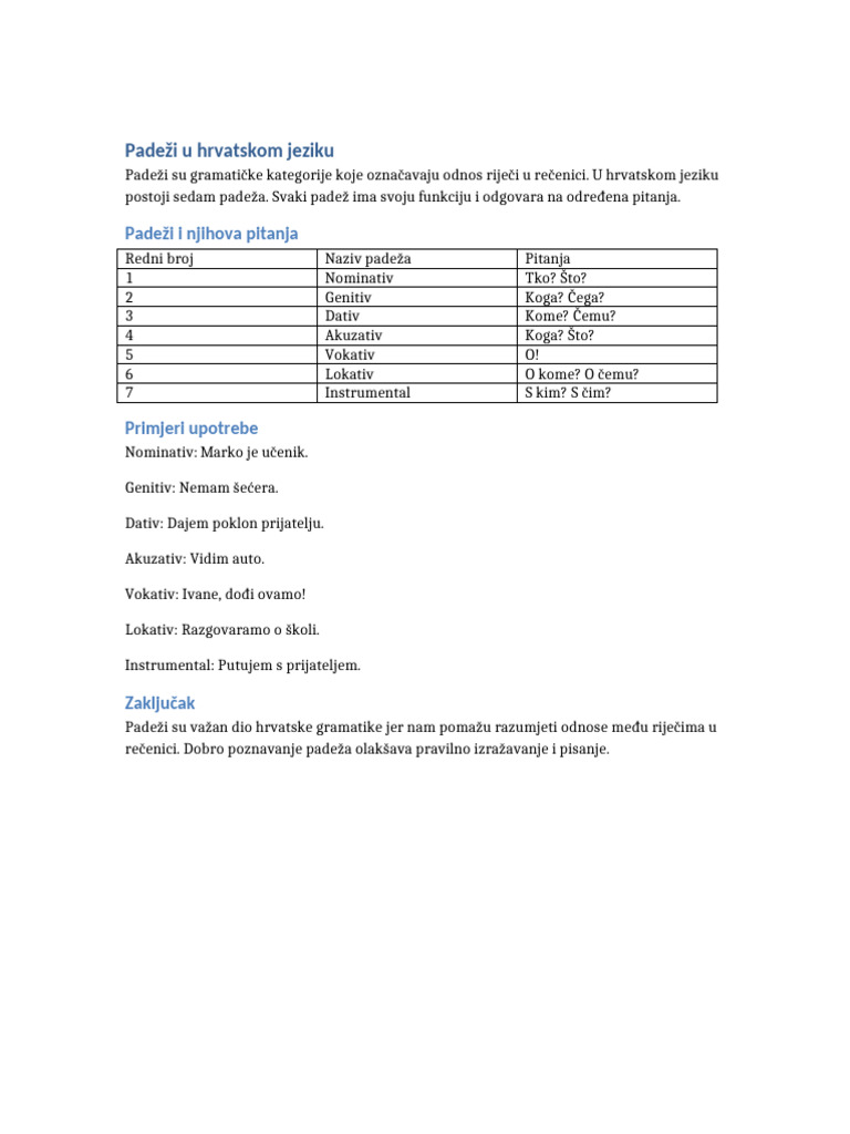 Padezi U Hrvatskom Jeziku | PDF