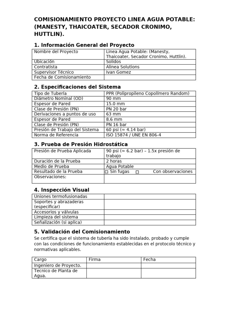 Ficha Tecnica Comisionamiento PPR | PDF