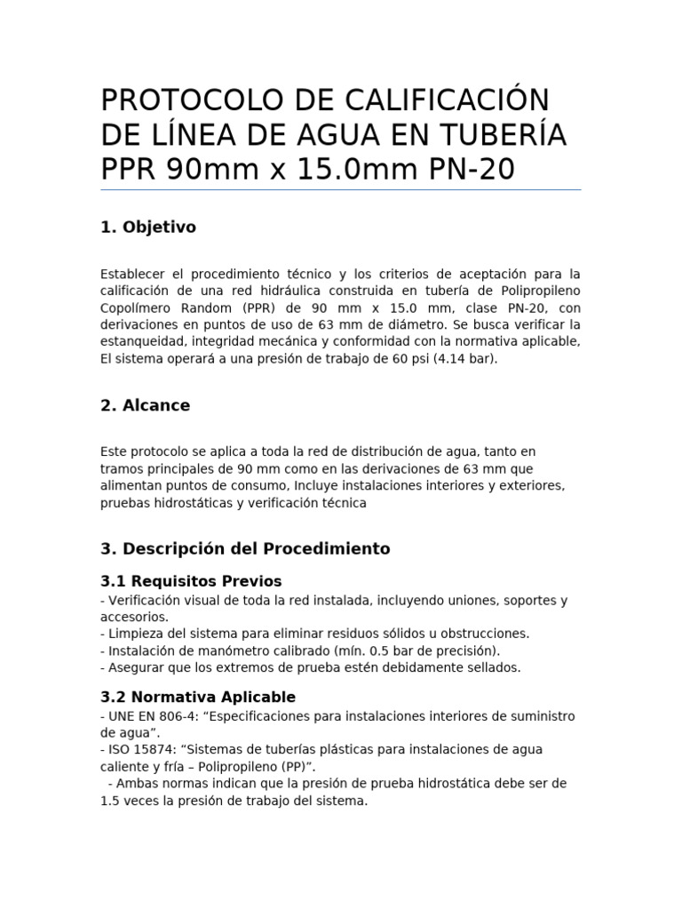 Protocolo Calificacion Tuberia PPR | PDF | Presión | Tubería (transporte de fluidos)
