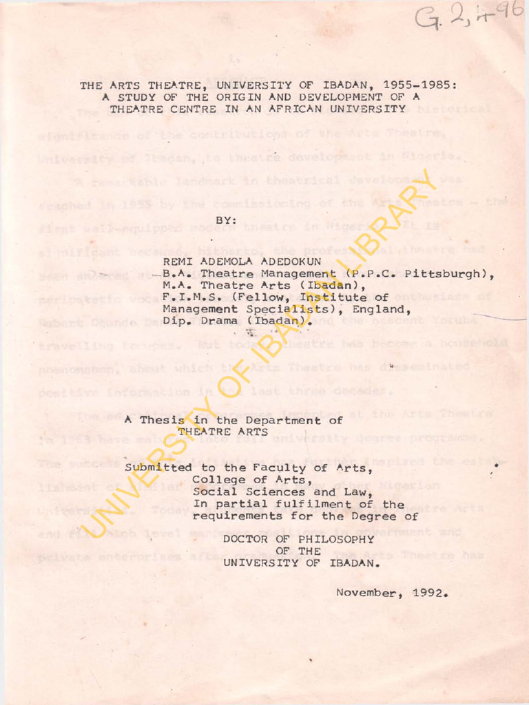 Ui - Thesis - Adedokun - R.A. - Arts - 1992 | PDF | Anton Chekhov | Performing Arts