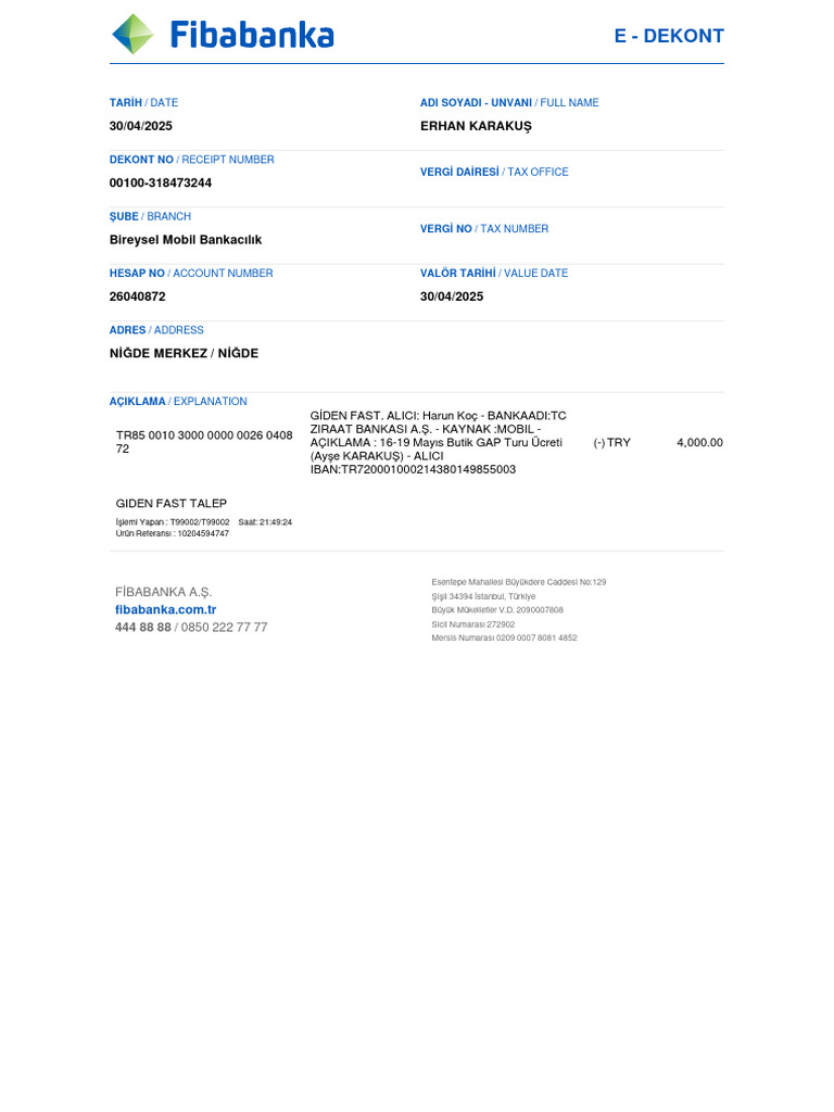 E - Dekont: 30/04/2025 Erhan Karakuş | PDF