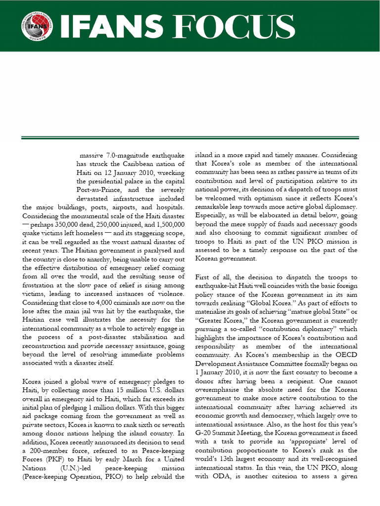 IFANS FOCUS 2010-04E (조정현) The Disaster in Haiti and the Participation ...