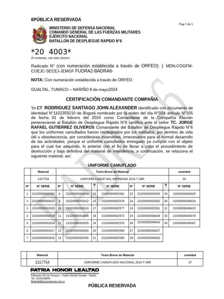 Certificacion Del Cdte Compañia Alacran Al Cdte de Batallon | PDF | Militar