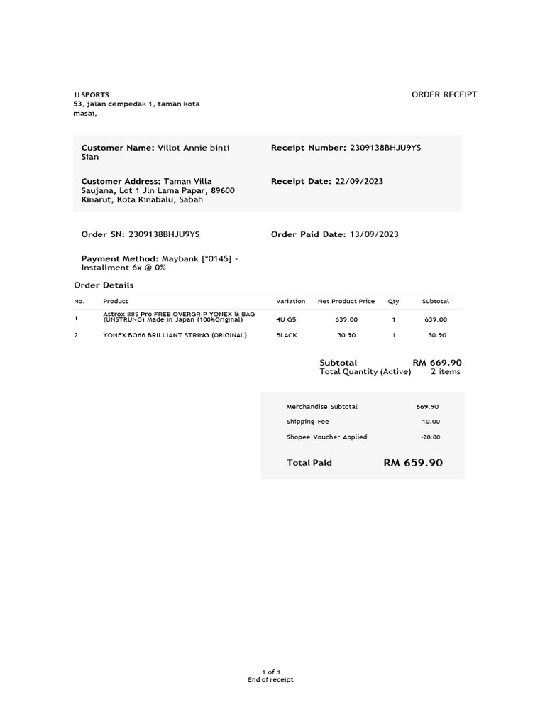 JJ Sports Order Receipt - Astrox 88S Pro | PDF