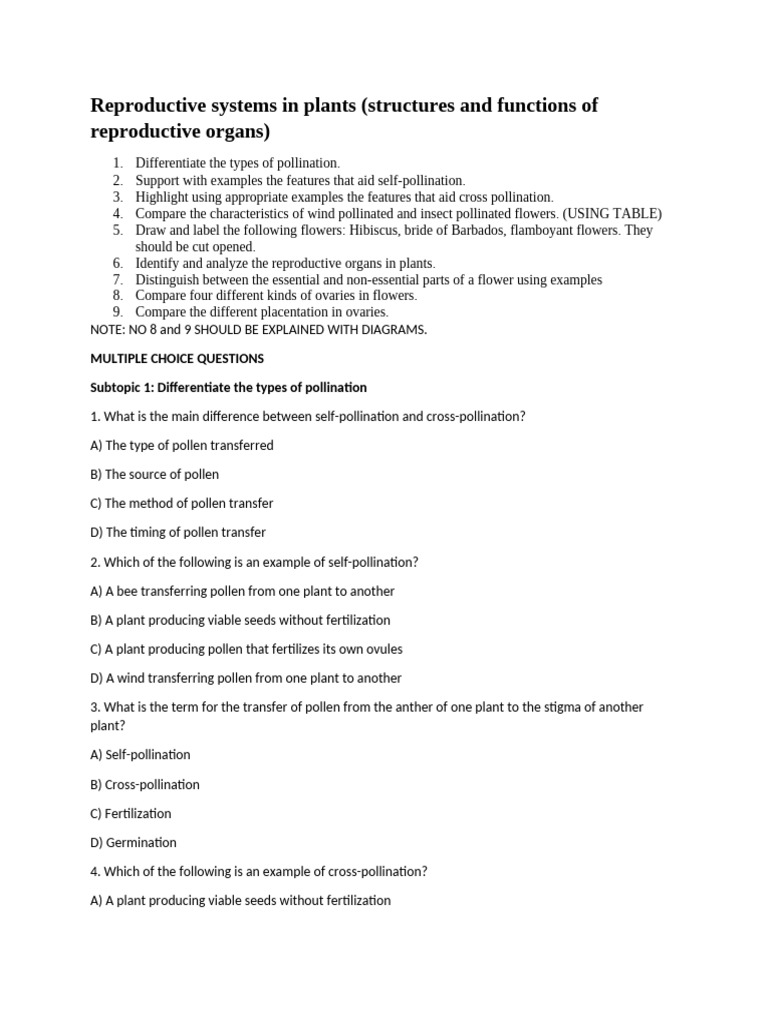 Students Guided Questions On Reproduction in Flowering Plants | PDF ...