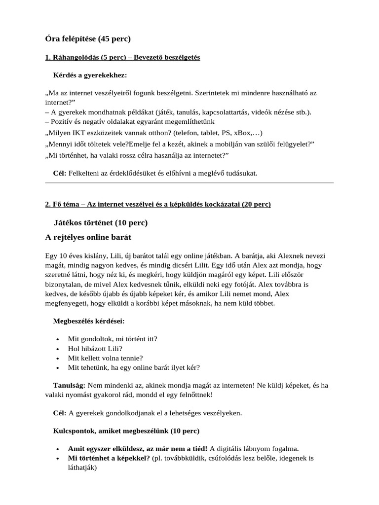 Internet Veszélyei - Óravázlat | PDF