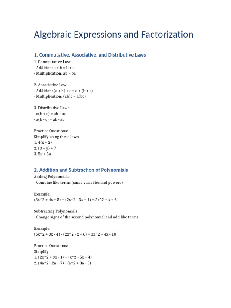 Algebraic Expressions And Factorization Notes Practice Pdf