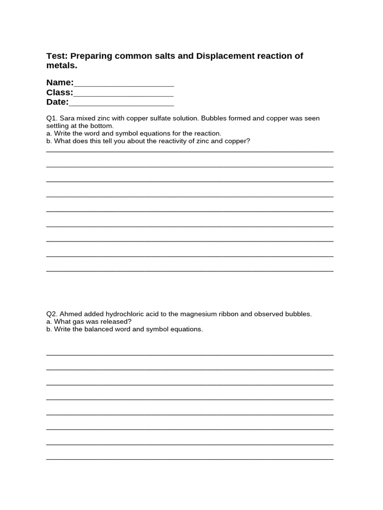 Test_ Preparing common salts and Displacement reaction of metals | PDF ...