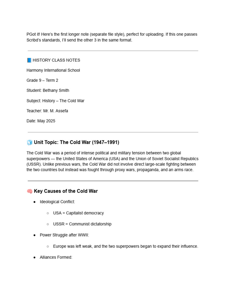 Grade 9 Improtant History Notes Term 3 Bethany Smith | PDF | Cold War ...