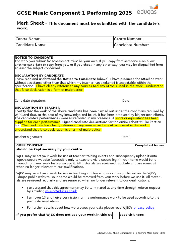 Eduqas Gcse Music Component 1 Performing Mark Sheet | PDF