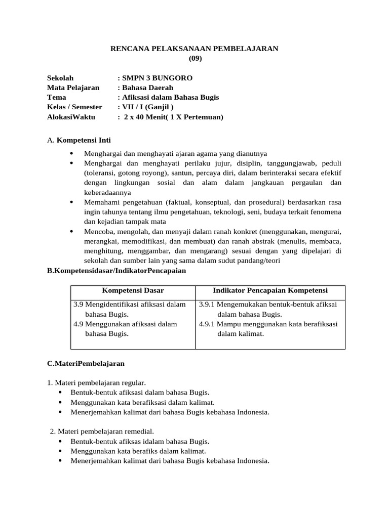 RPP Afiksasi Dalam Bahasa Bugis | PDF