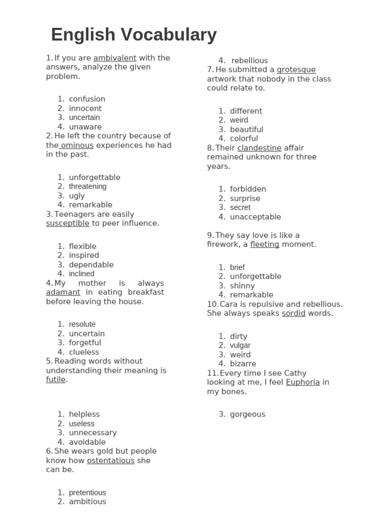 English Vocabulary Questions | PDF