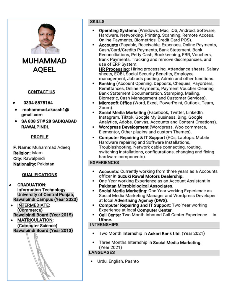 Aqeel CV - Single Page) 2024 | PDF | Word Press | Social Media Marketing