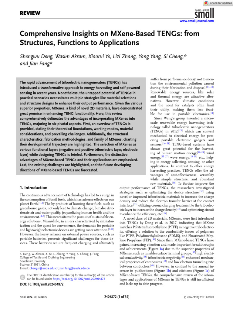 Small - 2024 - Deng - Comprehensive Insights On MXene Based TENGs From Structures Functions To ...