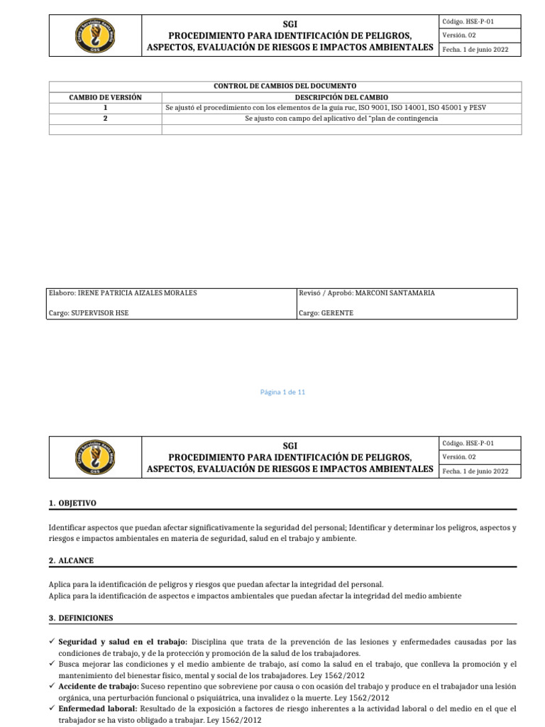 2.9 HSE-P-01. Proc. Ident. Peligros, Aspectos y Evaluacion de Riesgos e Impactos | PDF ...