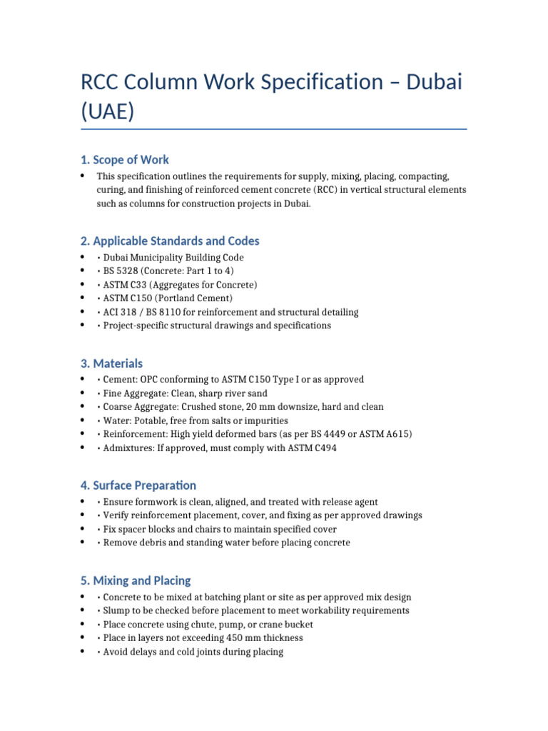 RCC Column Work Specification Dubai | PDF | Concrete | Mechanical ...