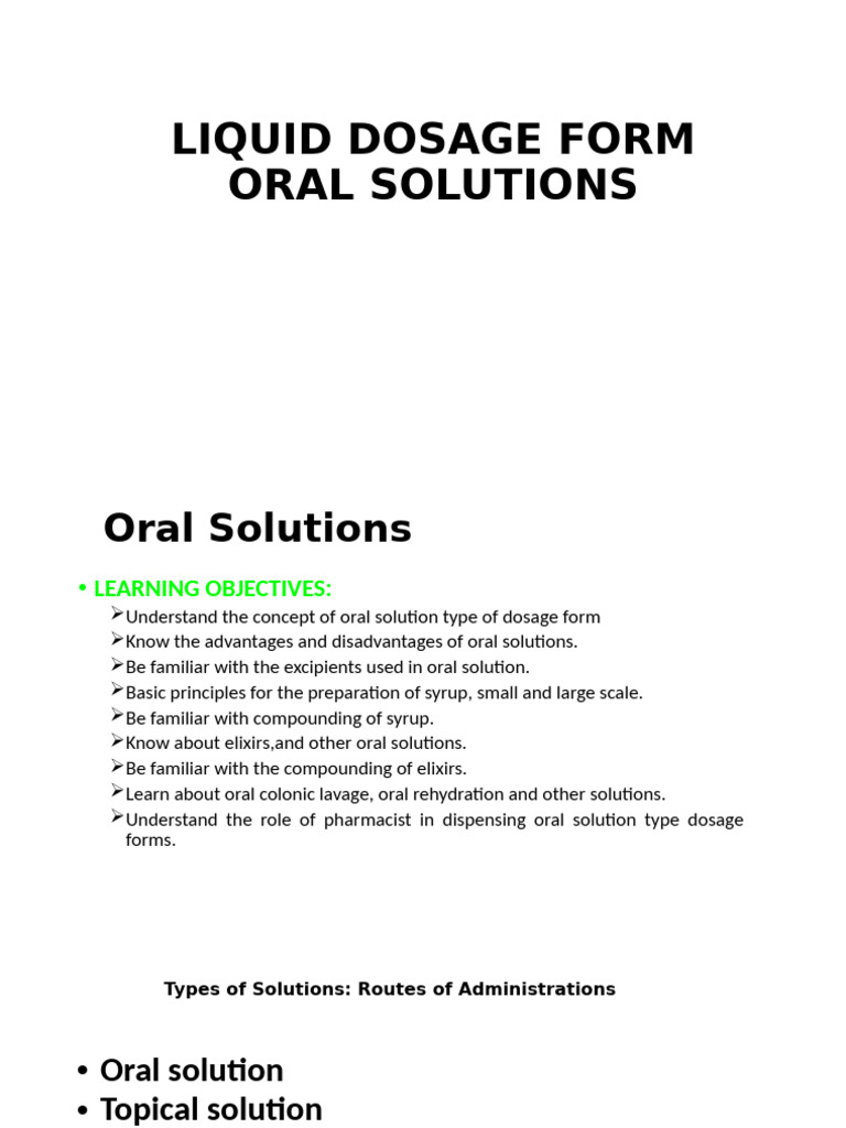 Oral Solutions: Types, Benefits, and Compounding | PDF | Taste | Glycerol