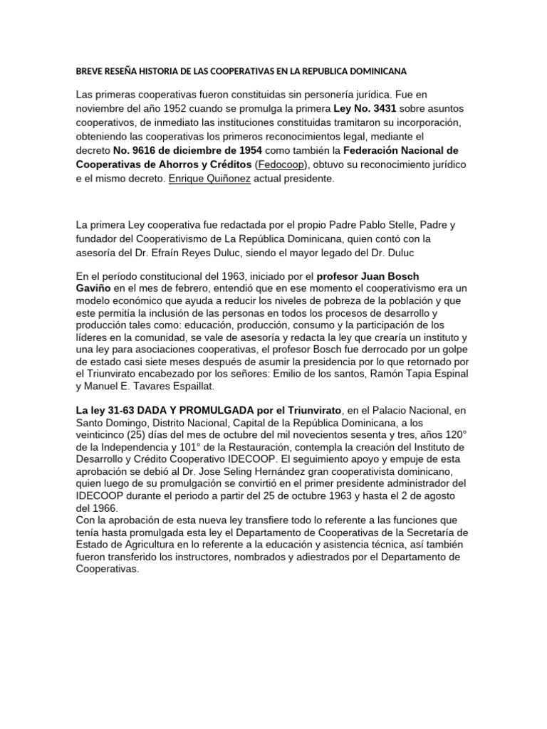 Breve Reseña Historia de Las Cooperativas en La Republica Dominicana ...