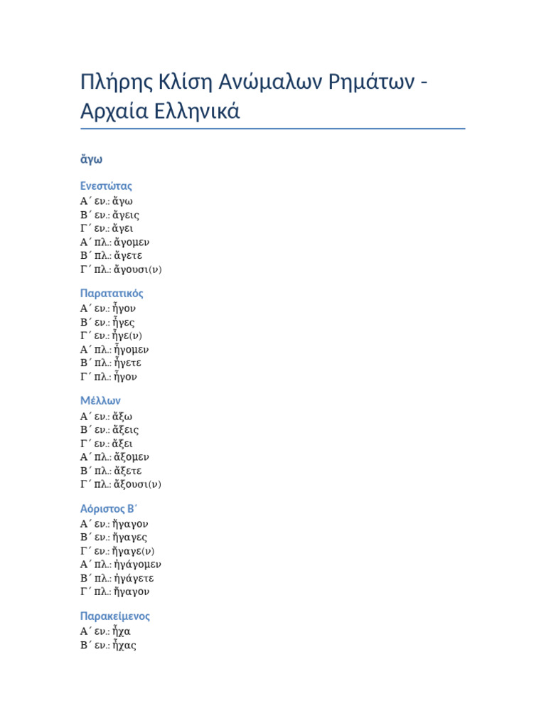 Πληρης Κλιση Ανωμαλων Ρηματων | PDF