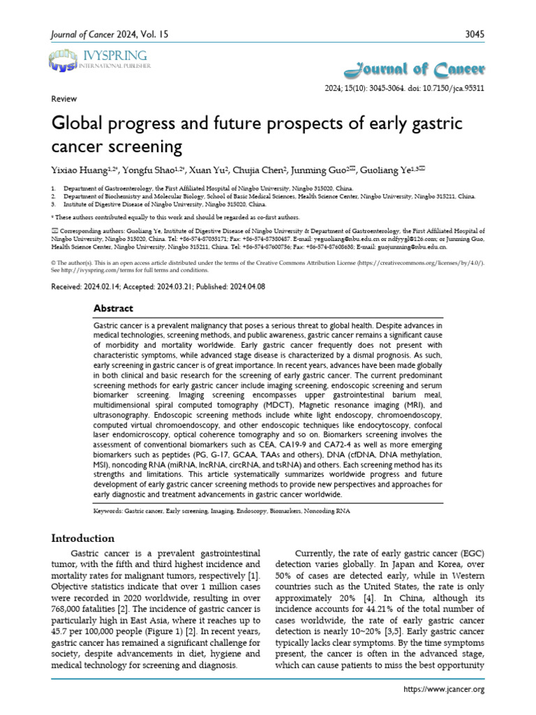 Global Gastric Cancer Early Screening | PDF | Cancer | Biomarker (Medicine)
