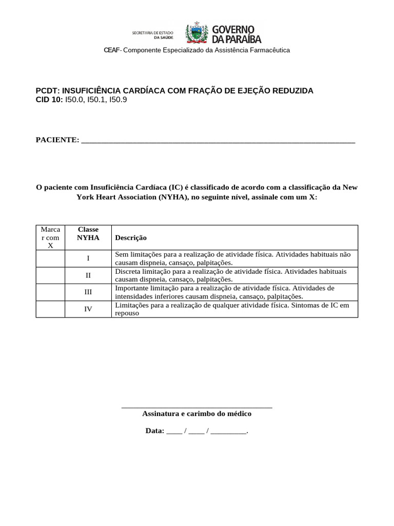 Anexo Classificacao Funcional Da New York Heart Association Nyha | PDF