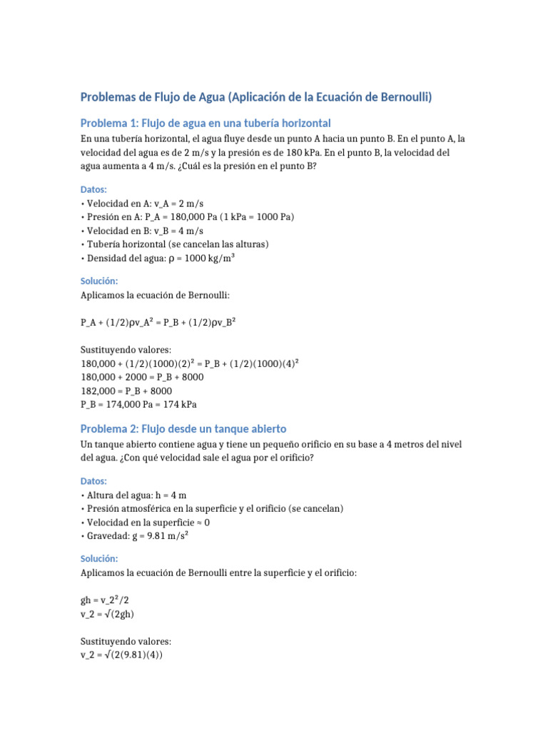 Problemas de Flujo de Agua y Bernoulli | PDF