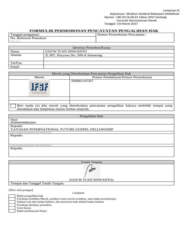 Formulir Permohonan Pencatatan Pengalihan Hak Merek | PDF