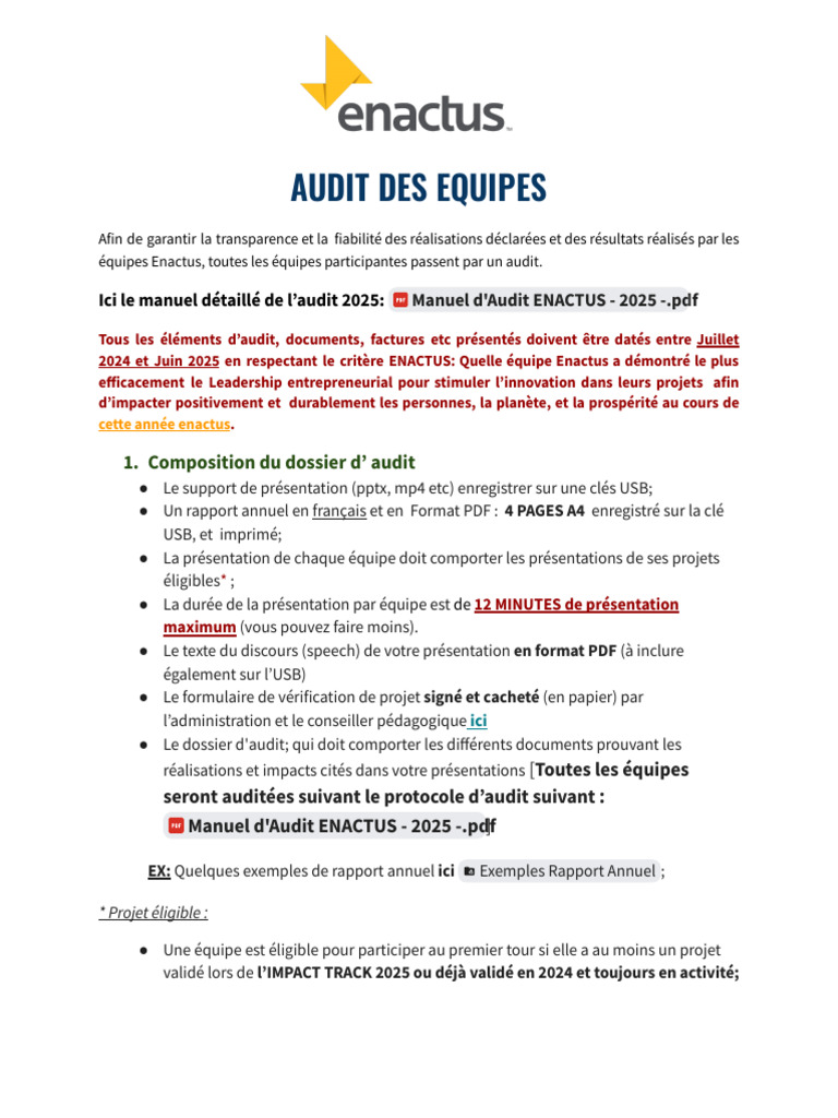 Audit 2025 des équipes Enactus | PDF