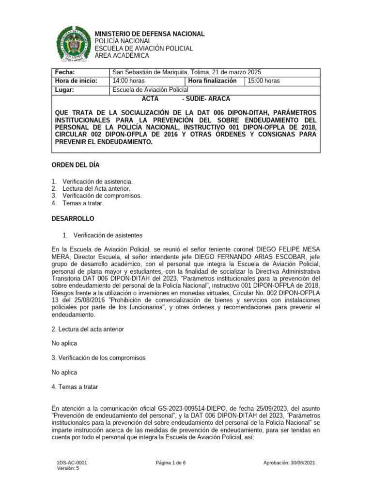 ACTA PREVENCIÓN ENDEUDAMIENTO Formato Basico | PDF | Deuda | Bancos
