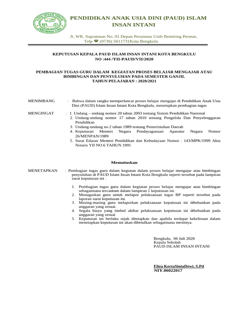 Pembagian Tugas Guru PAUD Islam 2020 | PDF
