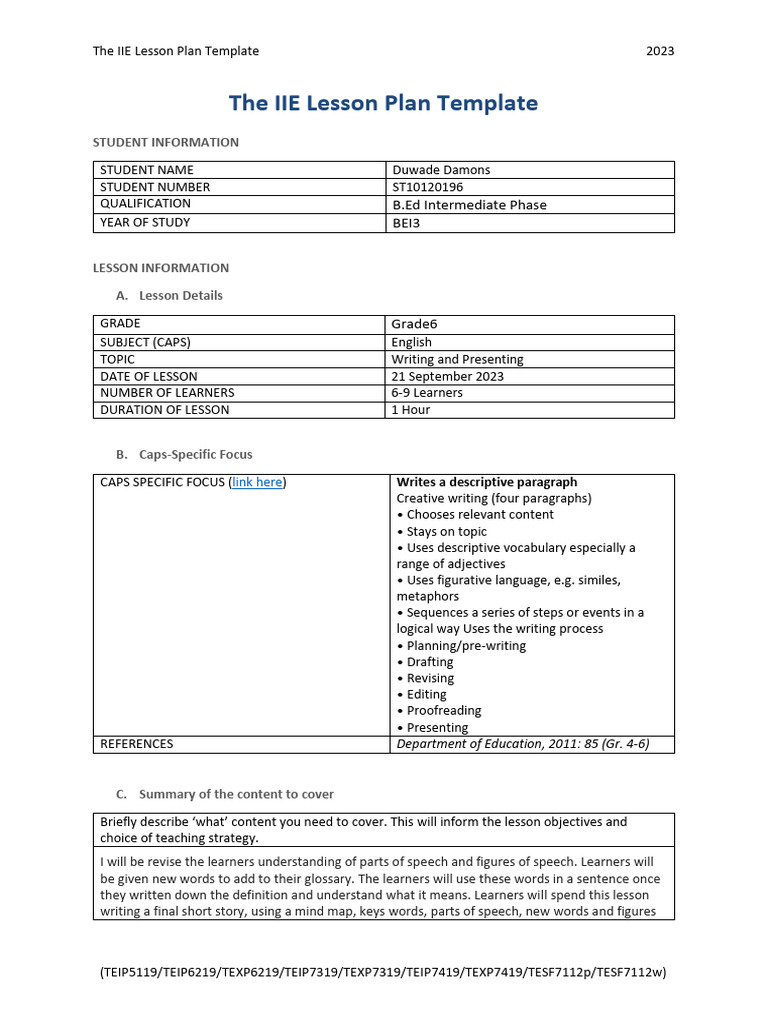 Grade 6 English Lesson Plan Template | PDF | Lesson Plan | Learning