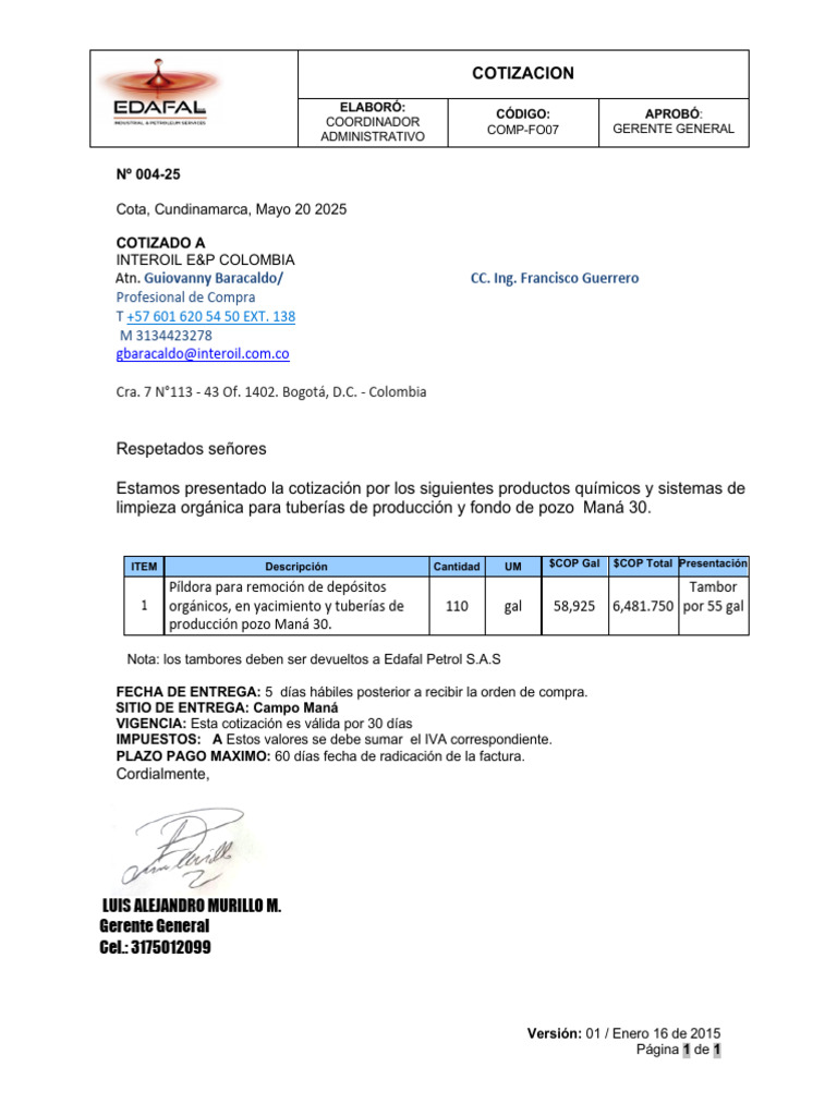 Cot No. 004-25 Interoil | PDF