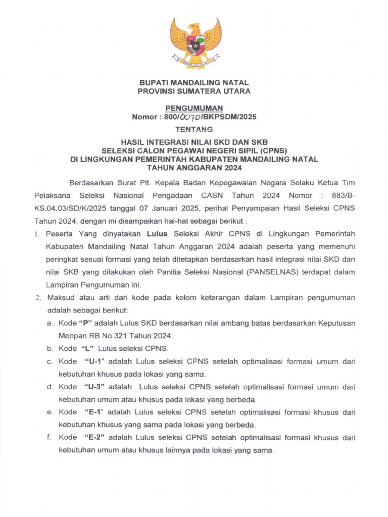 Pengumuman Hasil Integrasi Nilai SKD Dan SKB Seleksi CPNS Di Lingkungan Pemerintah Kab ...