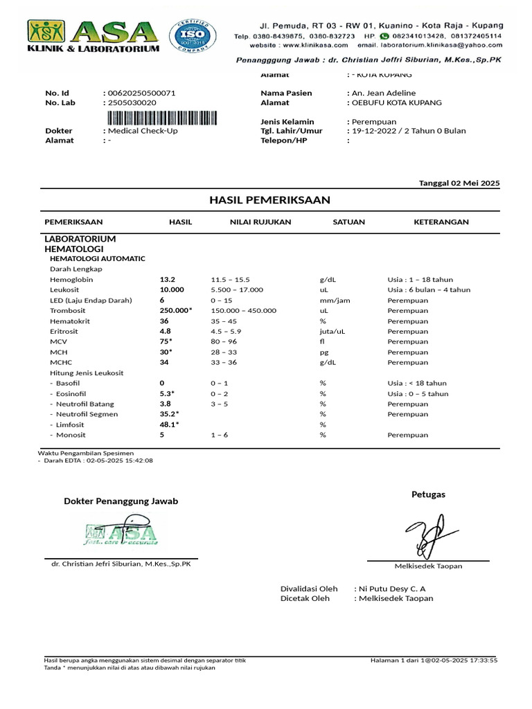 Hasil Lab Asa Kupang untuk Jean Adeline | PDF