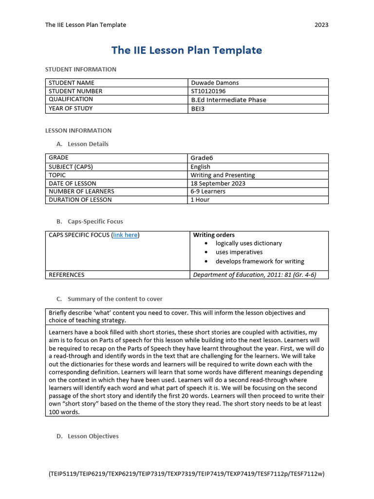 The IIE Lesson Plan English 1-2023 | PDF | Lesson Plan | Learning