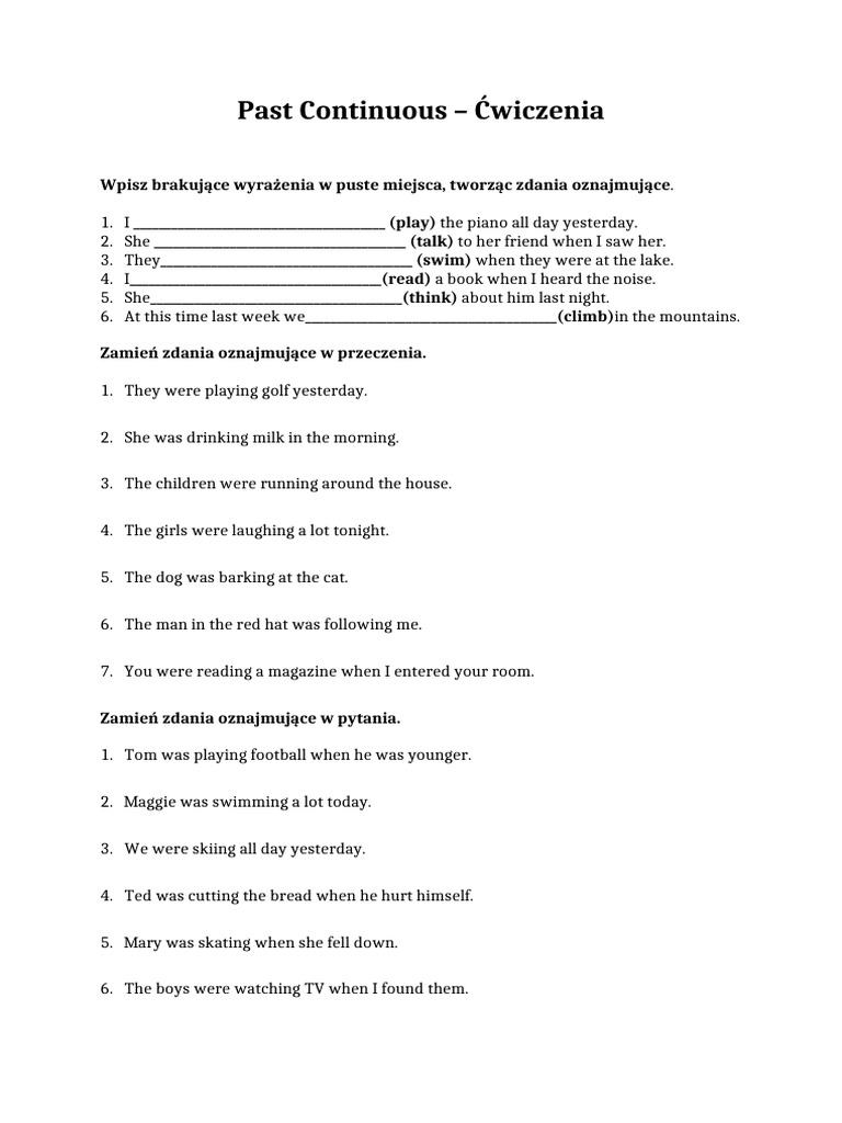 Past Continuous - Ćwiczenia | PDF