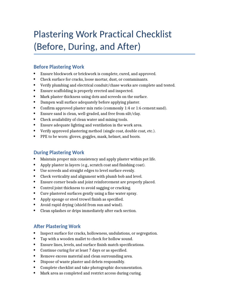 Plastering Work Practical Checklist | PDF